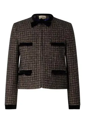 Valentino Garavani Houndstooth Wool-blend Jacket With Velvet Trims - Black