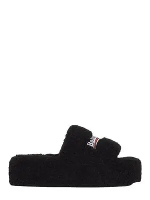 Balenciaga Shearling Wedge Slide Sandals With Embroidered Logo - Black