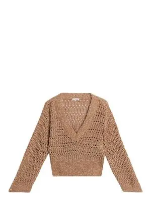 Brunello Cucinelli Openwork Braided Paillette Linen V-Neck Sweater Bruciato