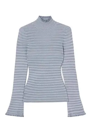 Proenza Schouler White Label Phyllis Ruffled Striped Ribbed-knit Turtleneck Sweater - Blue