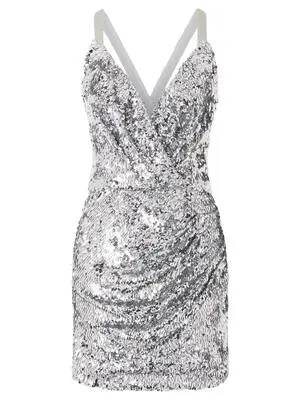 Dolce & Gabbana Ruched Sequined Tulle Mini Dress - Silver