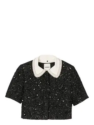 Sandro Cropped Rhinestone-embellished Tweed Jacket - Black