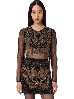 ALLSAINTS Greta Butterfly Embellished Top - Black/gold