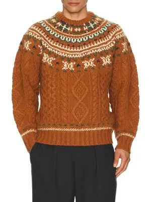 BEAMS Crew Nordic Cable Sweater - Brick