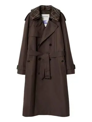 Burberry Check Collar Silk Cotton Trench Coat - Shade Brown