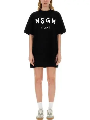 MSGM Brushed Logo T-shirt Dress - Black