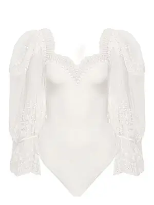 Chloé Puff-sleeve Bodysuit With Lace Trim - Coconut Milk