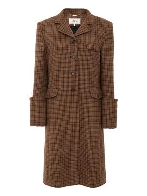 Chloé Riding Coat In Houndstooth Wool - Grey - Red