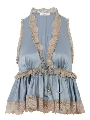 Chloé Tie-front Sleeveless Top With Lace - Ash Blue