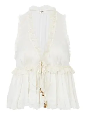 Chloé Tie-front Sleeveless Top With Lace - Iconic Milk