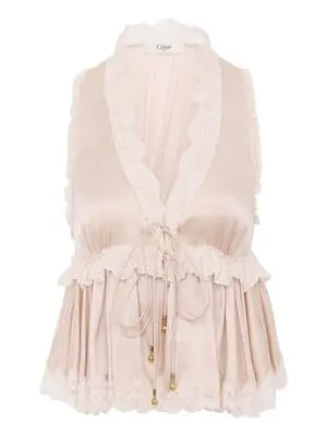 Chloé Tie-front Sleeveless Top With Lace - Rose Dust