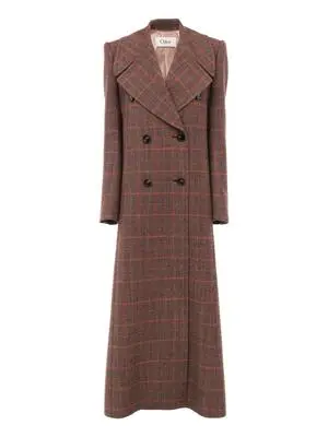 Chloé Long Double-breasted Coat In Check Wool - Brown / Beige