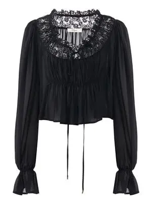 Chloé Cropped Georgette & Lace Top - Black