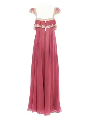 Chloé Long Dress In Mousseline & Lace - Divine Red
