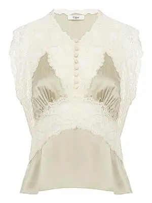 Chloé V-neck Top In Satin And Lace - Clear Green