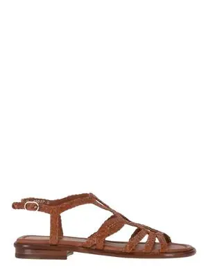 LA ROSE Woven Leather Flat Sandals - Brown