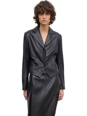 HOUSE OF DAGMAR Slim Tailored Lambskin Nappa Leather Blazer - Black