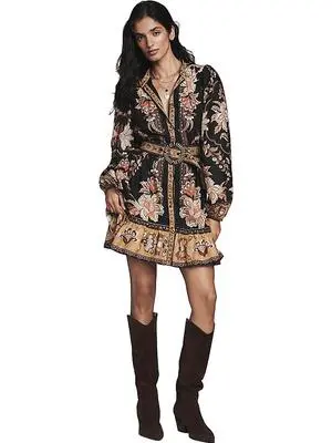 Farm Rio Majestic Garden Long-sleeve Mini Dress - Majestic Garden Black