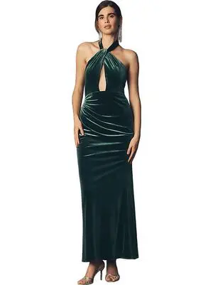 Mac Duggal Twist Halter Velvet Column Maxi Dress - Emerald Green