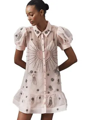 Maeve Embellished Mini Shirt Dress - Frosty Pink