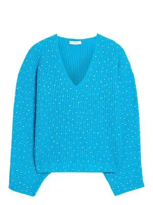 THE SEI Crystal-embellished Ribbed Cotton Sweater - Azure