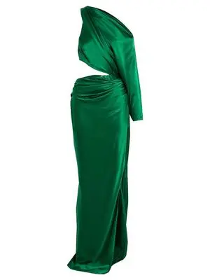 THE SEI One-sleeve Cutout Silk-satin Gown - Emerald