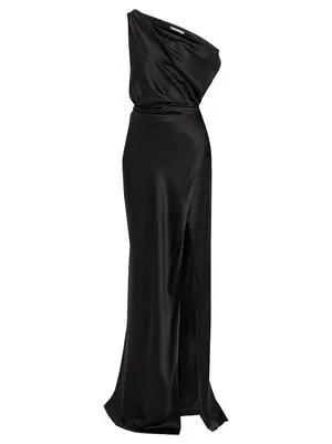 THE SEI One-Shoulder Draped Silk-Satin Gown Black