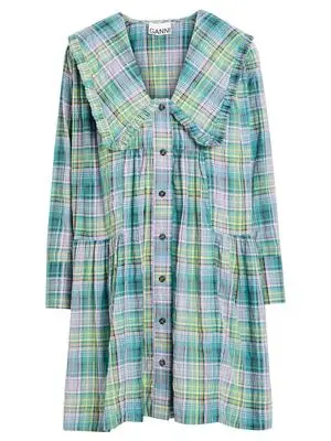 GANNI Checked Cotton-blend Mini Shirt Dress - Army Green