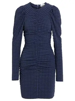 GANNI Ruched Checked Seersucker Mini Dress - Midnight Blue