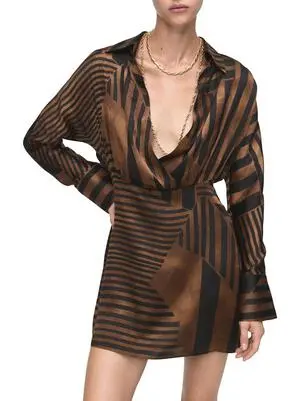 Mango Striped Satin Mini Shirtdress - Brown