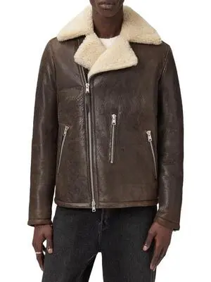 ALLSAINTS Xylon Shearling Lined Leather Biker Jacket - Bark Wood Brown