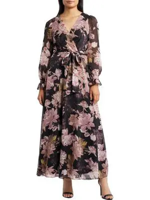 Anne Klein Floral Print Metallic Faux Wrap Maxi Dress - Anne Black Multi