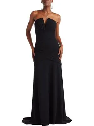 Tadashi Shoji Pleated Notched Strapless Gown - Black