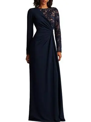 Tadashi Shoji Lace And Sequin Long Sleeve Gown - Navy/nude