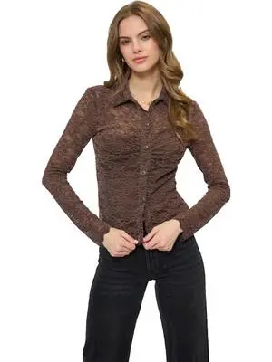 Central Park West Stella Stretch Lace Buttondown Brown