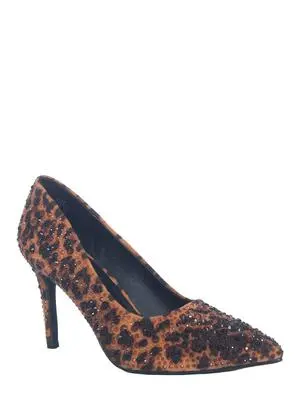 LAUREN LORRAINE Rhinestone Embellished Pointed Toe Pumps - Leopoard