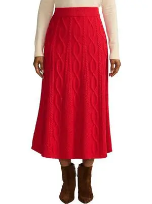 LANDS' END Cable Fluted Midi Sweater Skirt Compass Red