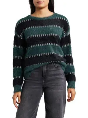 CITY BLUES Stripe Metallic Boat Neck Sweater - Spruce/black