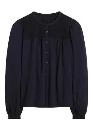 Boden Smocked Yoke Knit Button-up Shirt - Navy