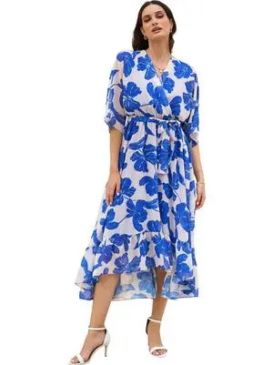 YUMI Floral Print Midi Dip Hem Wrap Dress - Blue