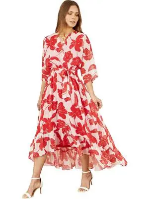 YUMI Floral Print Midi Dip Hem Wrap Dress - Red