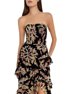 MILLY Raelynn Burnout Velvet Ruffle Maxi Dress - Black Mult