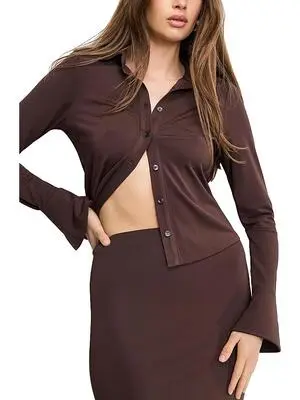 Good American Matte Jersey Long Sleeve Top - Bark