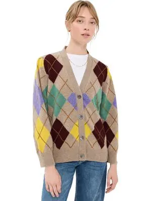 Daughter Argyle Lambswool Cardigan - Dark Natural With Yellow