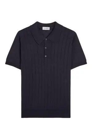 John Smedley Willia Striped Wool And Cotton-blend Polo Shirt - Navy