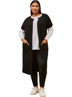LIVE UNLIMITED Ribbed Neck Longline Cardigan - Black