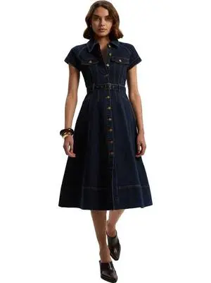 Karen Millen Button-up Belted Denim Midi Dress - Dark Blue