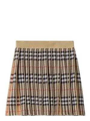 Burberry Pleated Check Wool Blend Skirt - Sand Beige