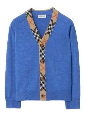 Burberry Check Trim Wool Cardigan Hyacinth Blue