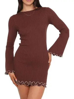 PETAL & PUP Jovan Long Sleeve Knit Mini Dress - Mocha/beige